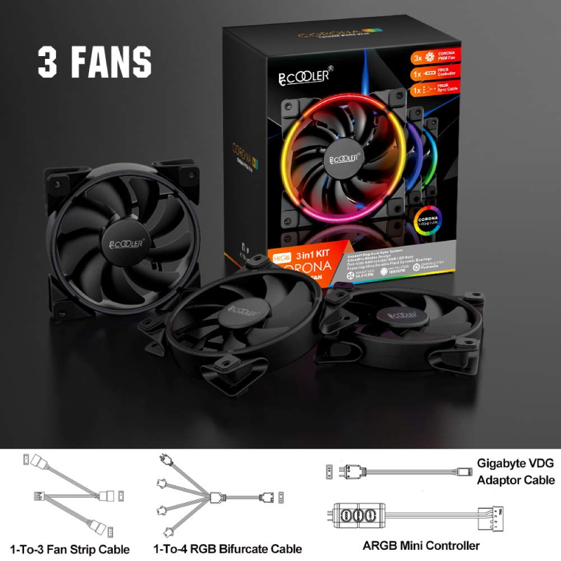 พัดลมระบายความร้อน PC Cooler CORONA FRGB 120MM PWM 3 IN 1 KIT Cooling Fan